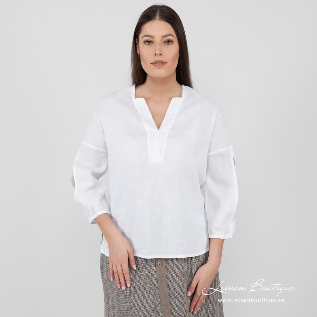 Leinen Bluse weiß 3/4 Ärmel mit Schlitz | Leinen Boutique