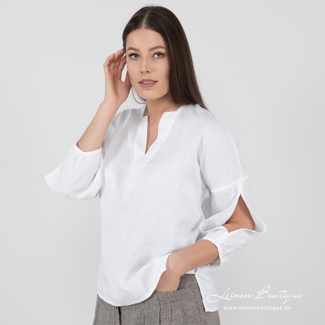Leinen Bluse weiß 3/4 Ärmel mit Schlitz | Leinen Boutique